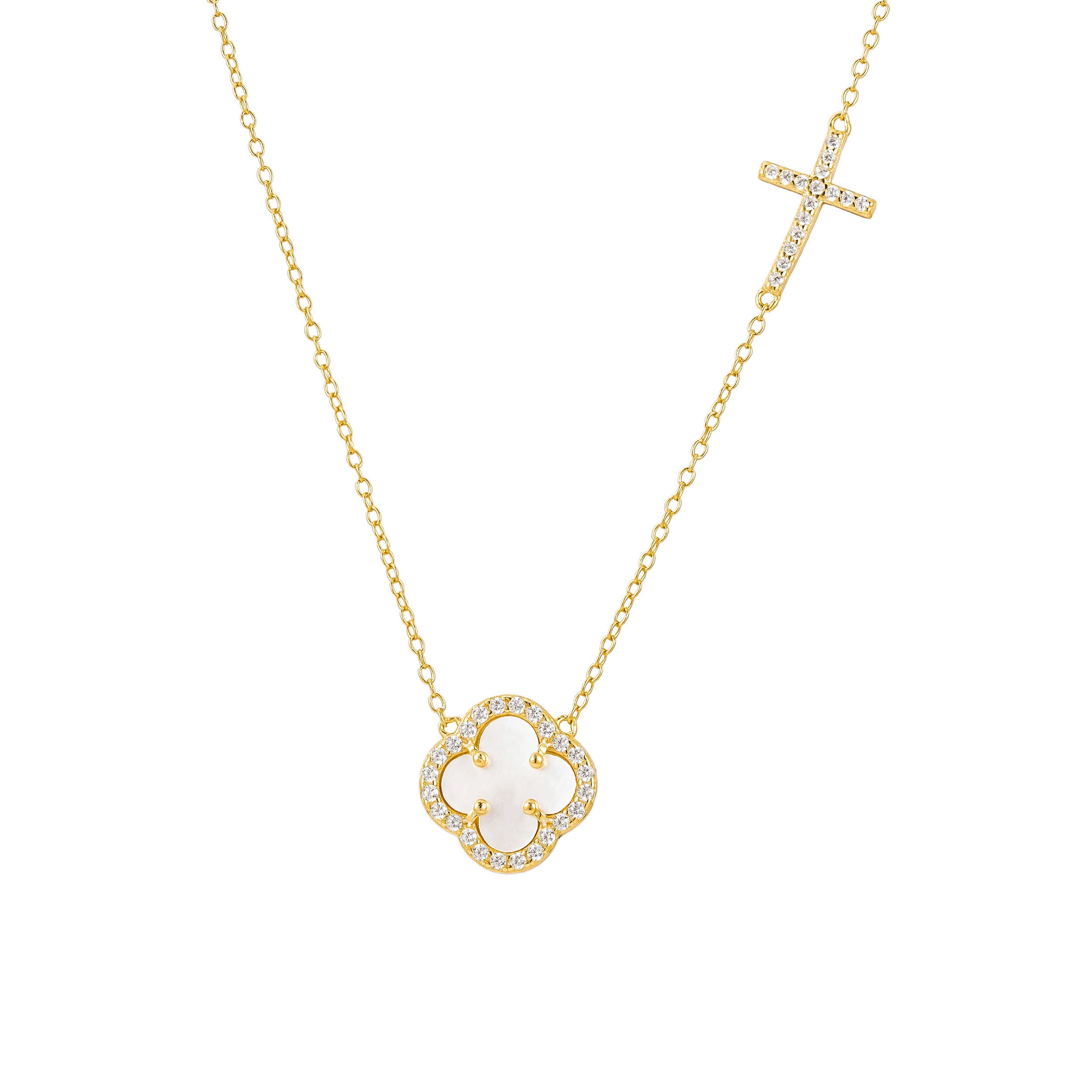 White Clover with Cross Gold Necklace – Capella & Co.